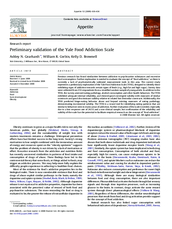 (PDF) Preliminary validation of the Yale Food Addiction Scale