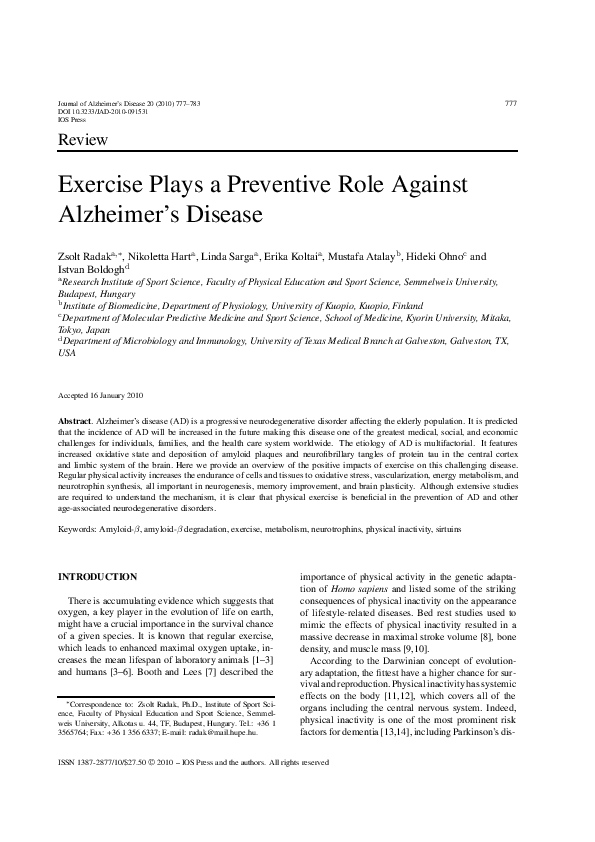 (PDF) Exercise plays a preventive role against Alzheimer's disease | Z ...