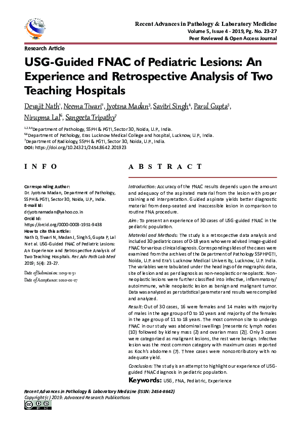 (PDF) USG-Guided FNAC of Pediatric Lesions: An Experience and ...