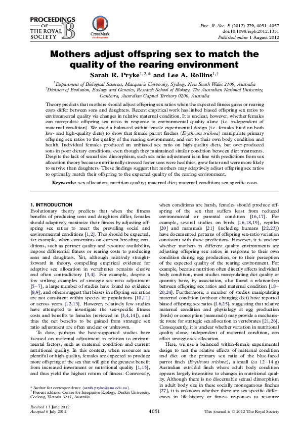 Pdf Mothers Adjust Offspring Sex To Match The Quality Of The Rearing