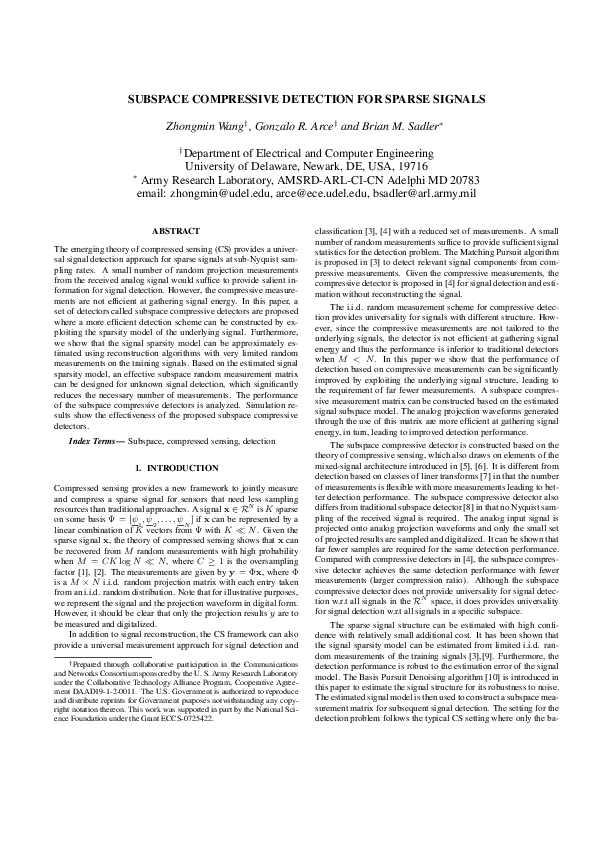 (PDF) Subspace compressive detection for sparse signals