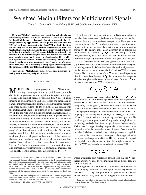(PDF) Weighted Median Filters for Multichannel Signals