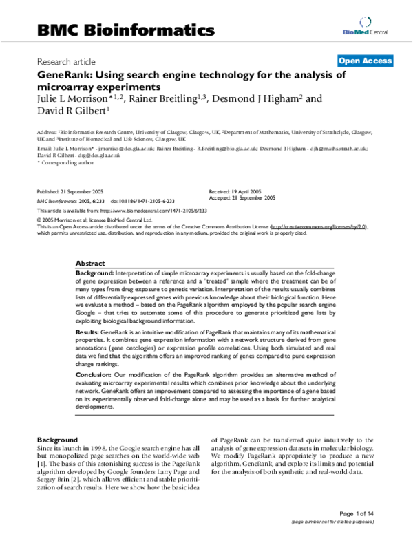 (PDF) GeneRank: using search engine technology for the analysis of microarray experiments