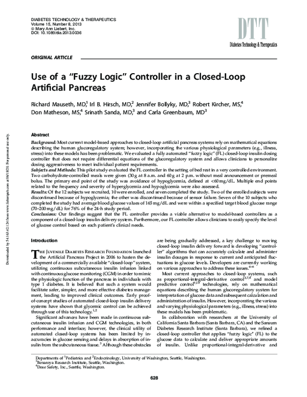 (PDF) Use of a “Fuzzy Logic” Controller in a Closed-Loop Artificial Pancreas