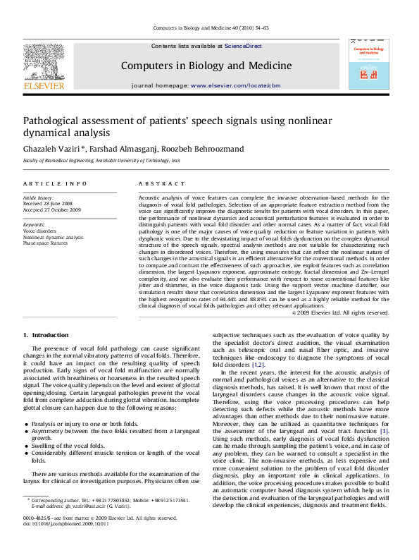(PDF) Pathological assessment of patients’ speech signals using nonlinear dynamical analysis