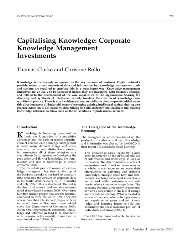 (PDF) Capitalising Knowledge: Corporate Knowledge Management Investments