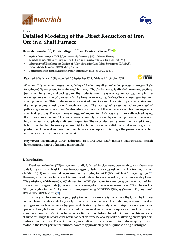 (PDF) Detailed Modeling of the Direct Reduction of Iron Ore in a Shaft ...