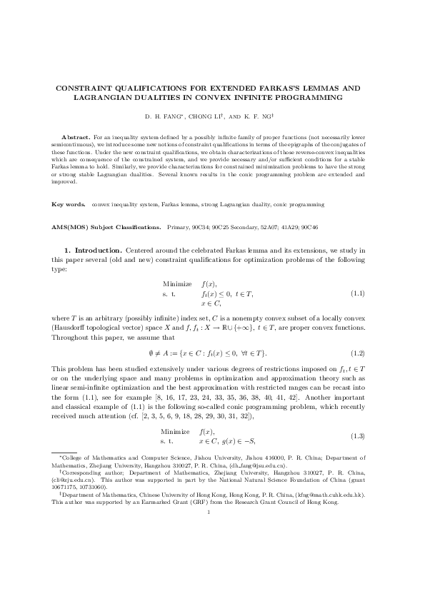 (PDF) Constraint Qualifications for Extended Farkas's Lemmas and Lagrangian Dualities in Convex ...
