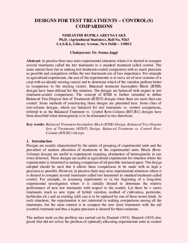 (PDF) Designs for Test Treatments - Control(S) Comparisons