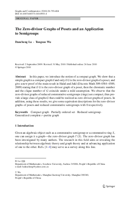 (PDF) The Zero-divisor Graphs of Posets and an Application to Semigroups