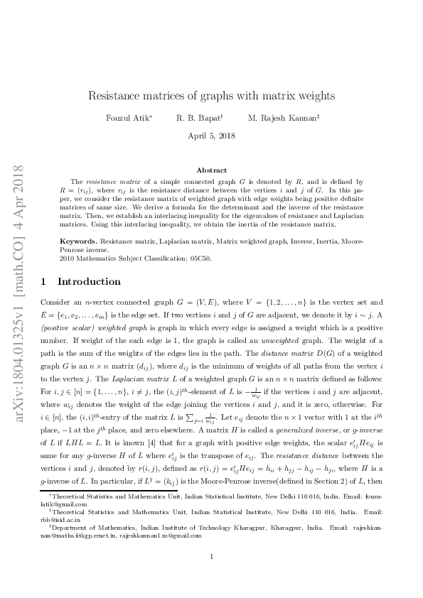 (PDF) Resistance matrices of graphs with matrix weights