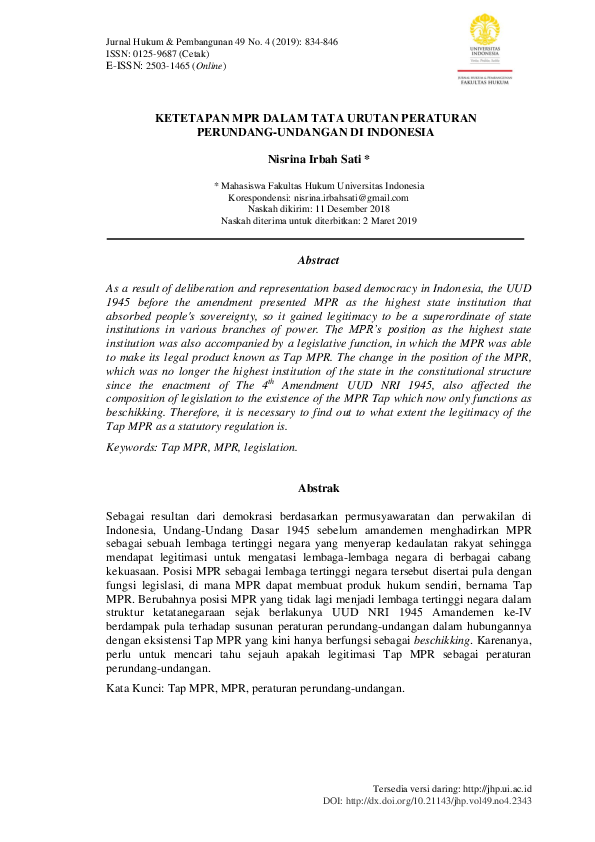 (PDF) Ketetapan MPR Dalam Tata Urutan Peraturan Perundang-Undangan DI ...