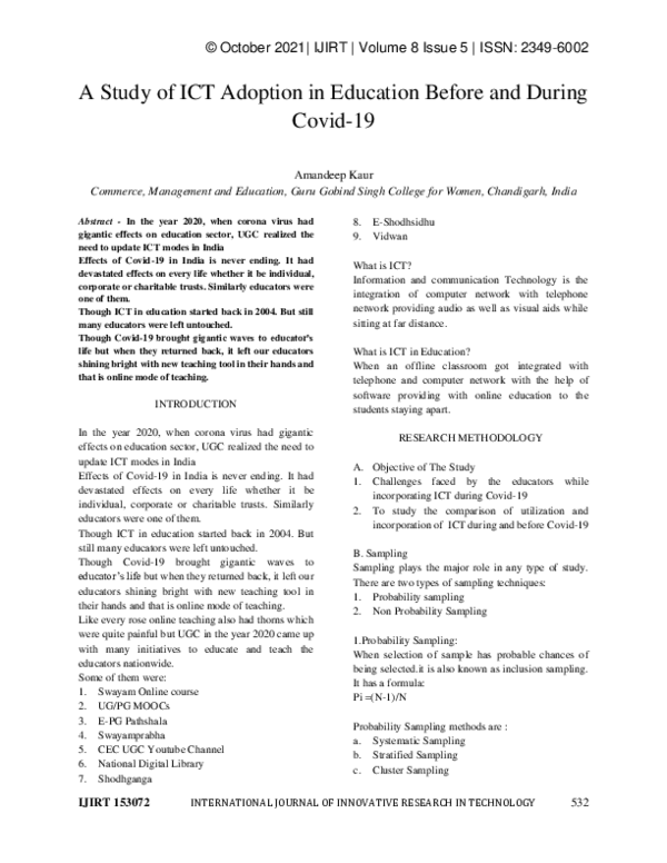 (PDF) A Study of ICT Adoption in Education Before and During Covid-19