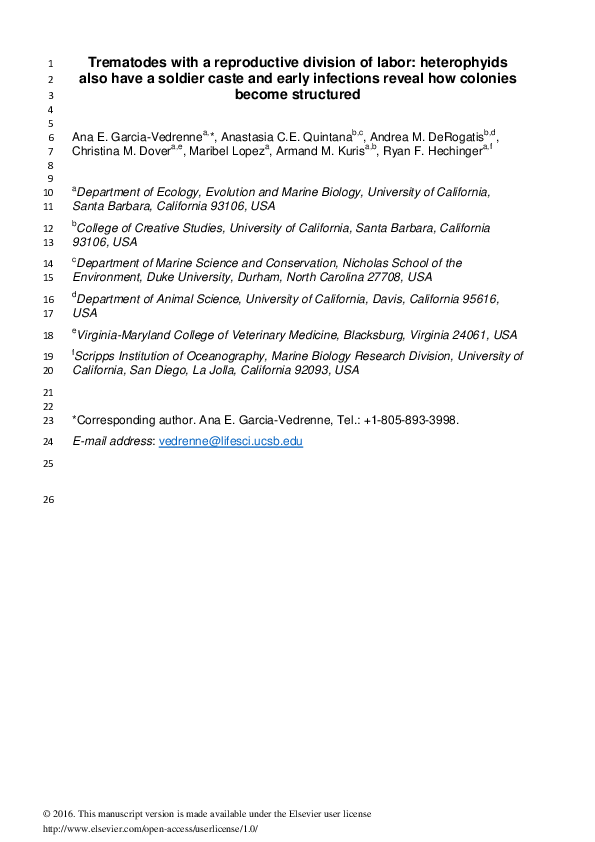 (PDF) Trematodes with a reproductive division of labour: heterophyids ...