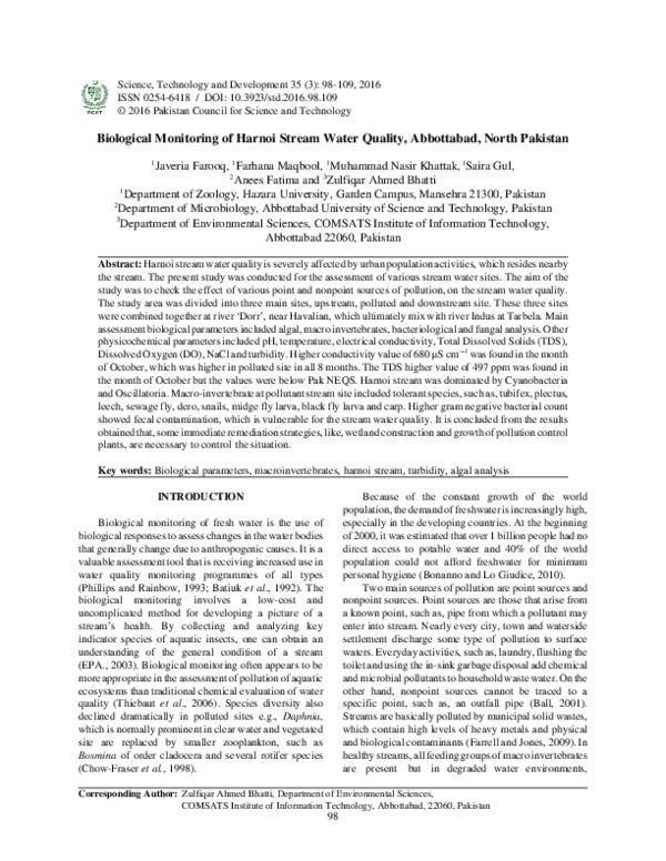 (PDF) Biological Monitoring of Harnoi Stream Water Quality, Abbottabad ...