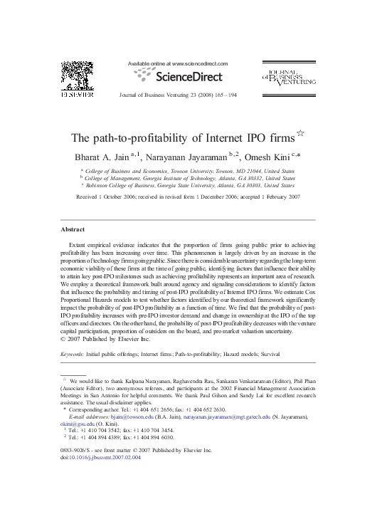 (PDF) The path-to-profitability of Internet IPO firms