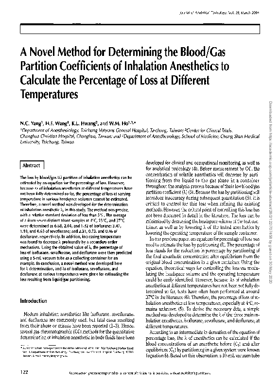 (PDF) A Novel Method for Determining the Blood/Gas Partition ...