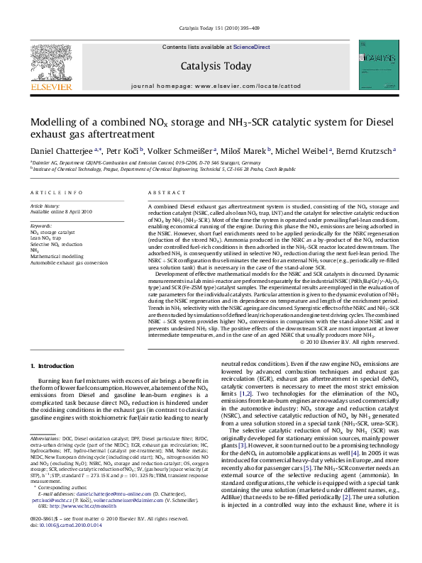 (PDF) Modelling of a combined NOx storage and NH3-SCR catalytic system ...