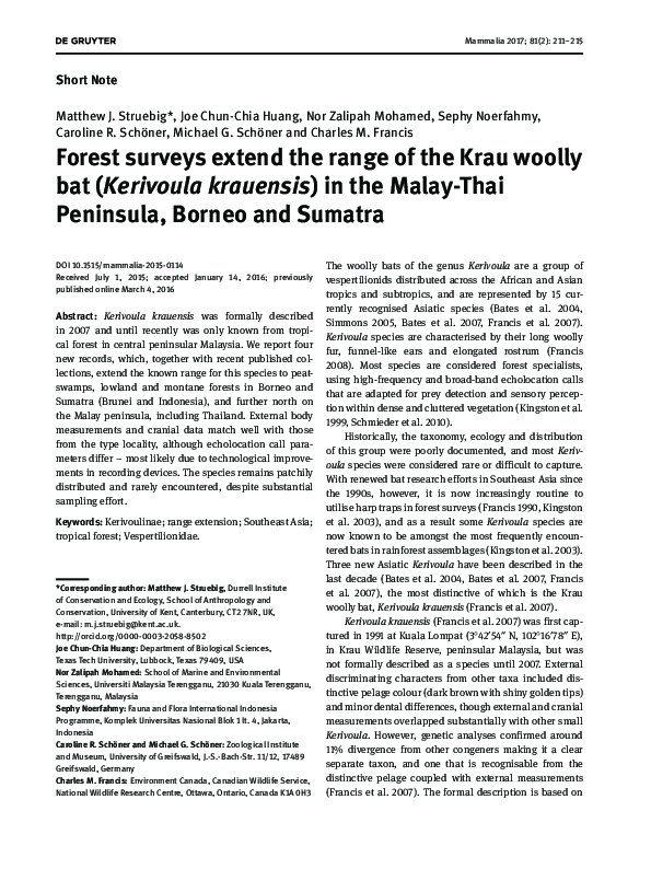 (PDF) Forest surveys extend the range of the Krau woolly bat (Kerivoula ...