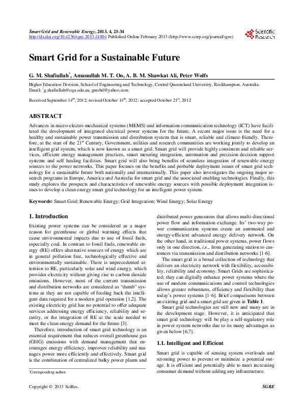 (PDF) Smart Grid for a Sustainable Future