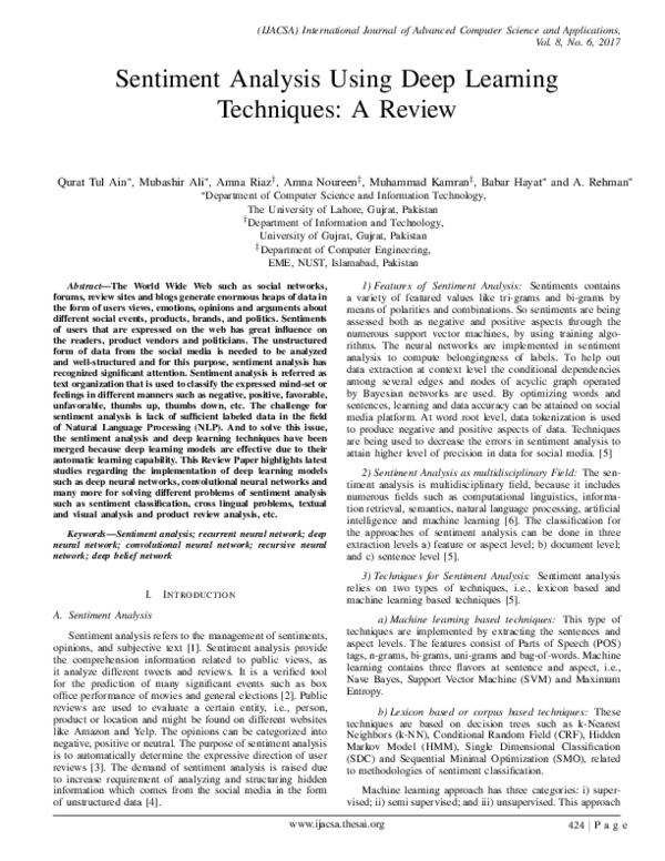 (PDF) Sentiment Analysis Using Deep Learning Techniques: A Review