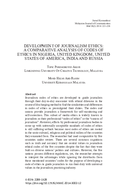 (PDF) Development of Journalism Ethics: A Comparative Analysis of Codes ...
