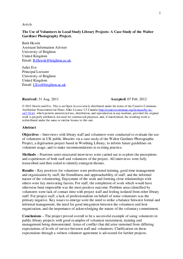 (PDF) The Use of Volunteers in Local Study Library Projects: A Case ...