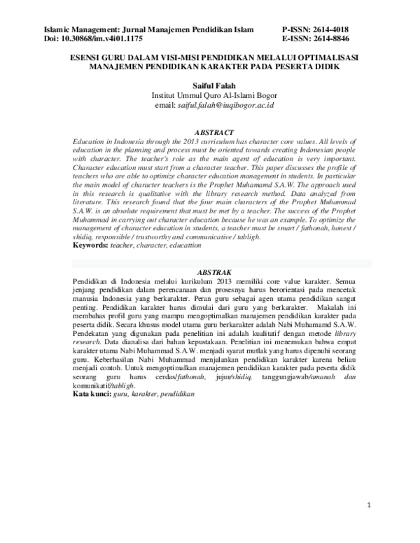 (PDF) Esensi Guru Dalam Visi-Misi Pendidikan Melalui Optimalisasi Manajemen Pendidikan Karakter ...