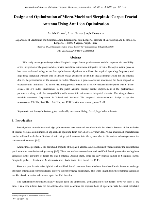 (PDF) Design and Optimization of Micro-Machined Sierpinski Carpet Fractal Antenna Using Ant Lion ...