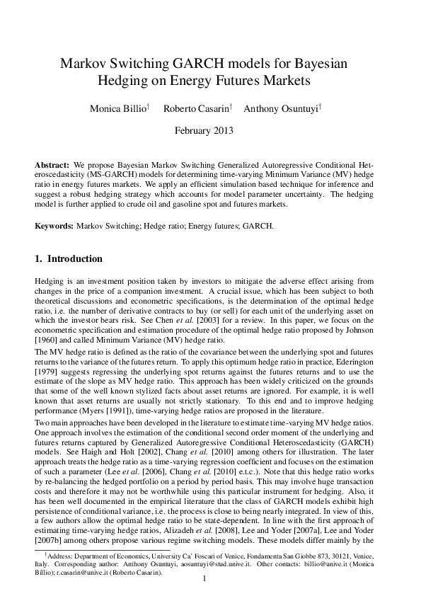 (PDF) Markov Switching GARCH Models for Bayesian Hedging on Energy Futures Markets
