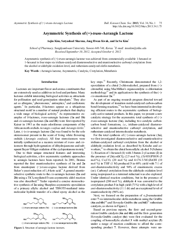 (PDF) Asymmetric Synthesis of (+)-trans-Aerangis Lactone