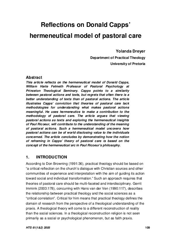 (PDF) Reflections on Donald Capps’ hermeneutical model of pastoral care