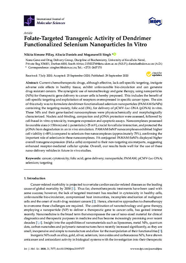 (PDF) Folate-Targeted Transgenic Activity of Dendrimer Functionalized Selenium Nanoparticles In ...