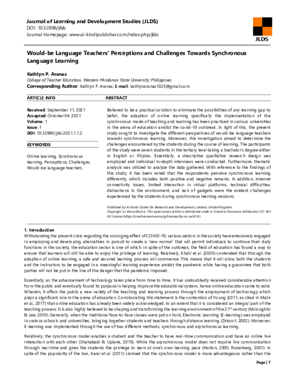 Pdf Would Be Language Teachers Perceptions And Challenges Towards Synchronous Language Learning