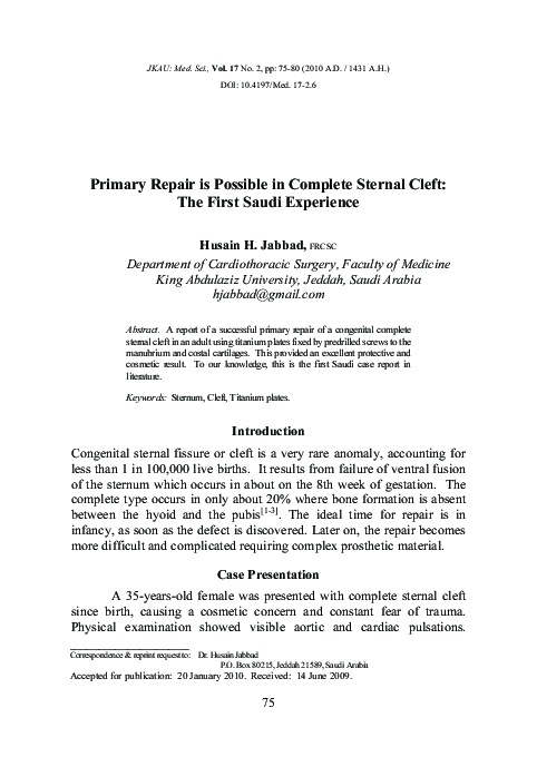 (PDF) Primary Repair is Possible in Complete Sternal Cleft: The First ...
