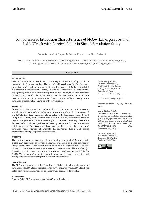 (PDF) Comparison of Intubation Characteristics of McCoy Laryngoscope ...