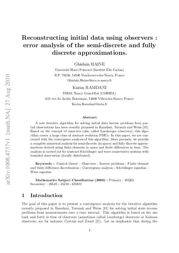 (PDF) Reconstructing initial data using observers: error analysis of the semi-discrete and fully ...