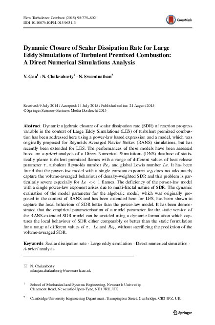 Pdf Dynamic Closure Of Scalar Dissipation Rate For Large Eddy Simulations Of Turbulent