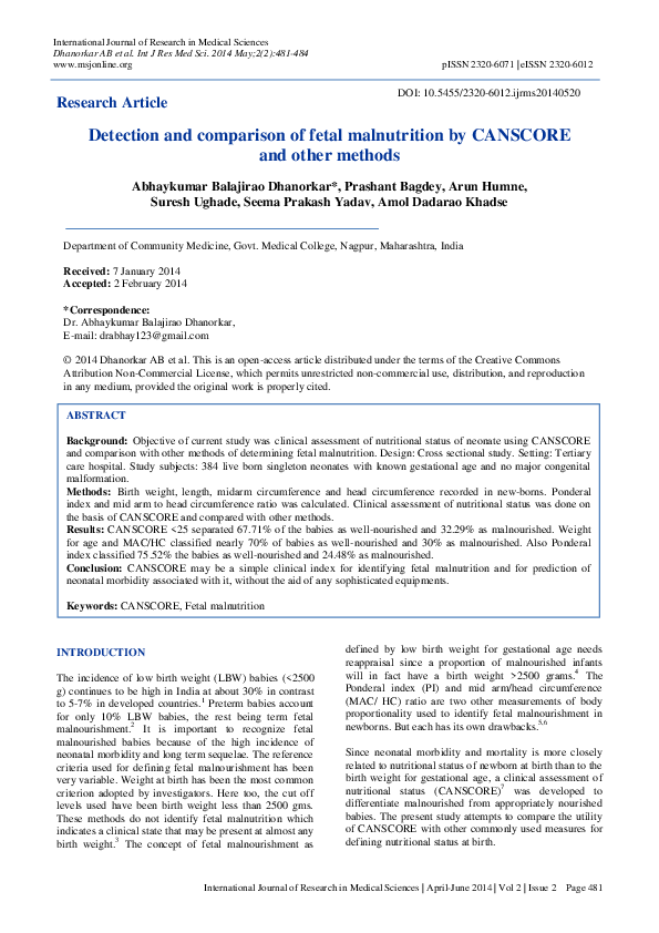 (PDF) Detection and comparison of fetal malnutrition by CANSCORE and ...