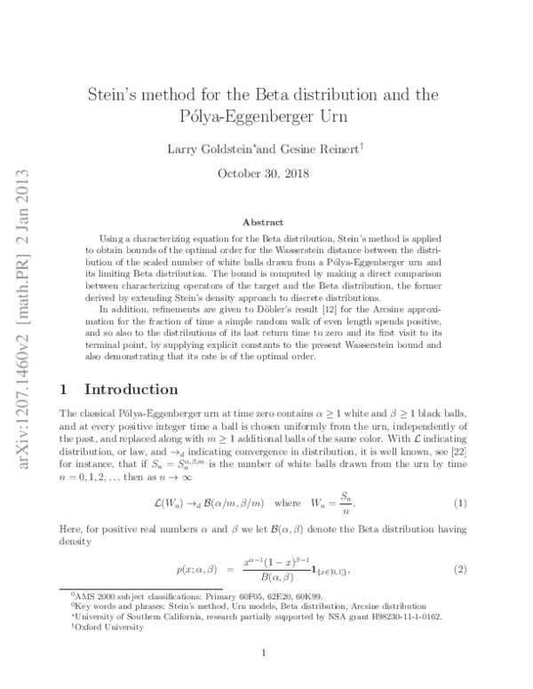 (PDF) Stein's method for the Beta distribution and the Pólya-Eggenberger urn