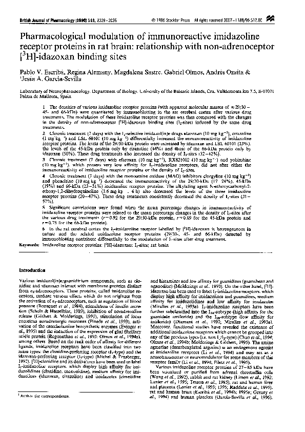 (PDF) Pharmacological modulation of immunoreactive imidazoline receptor ...