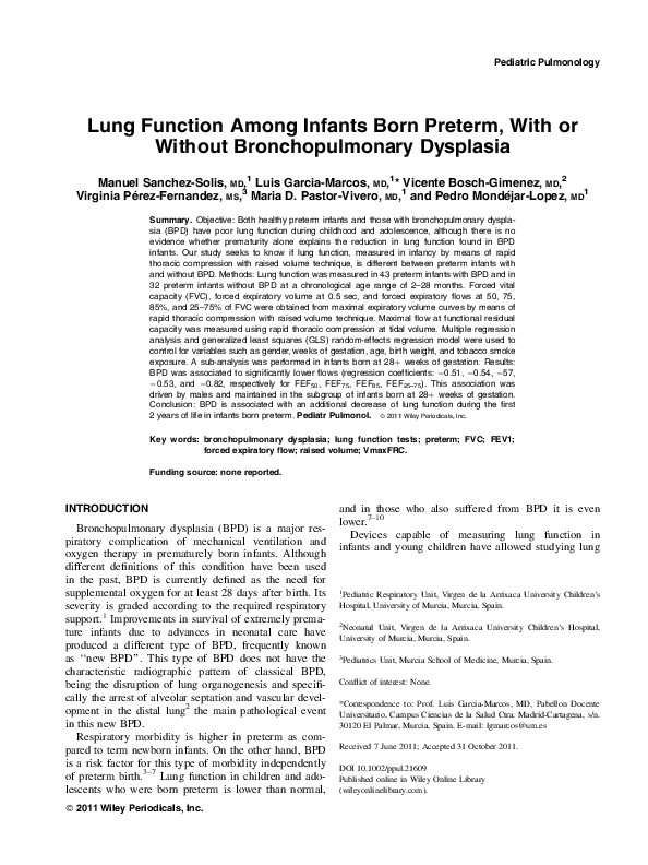 (PDF) Lung function among infants born preterm, with or without ...