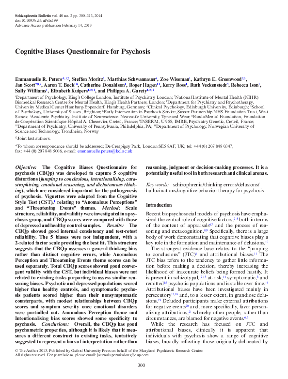 (PDF) Cognitive Biases Questionnaire for Psychosis