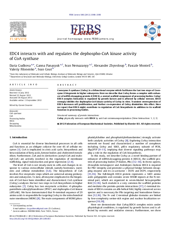 (PDF) EDC4 interacts with and regulates the dephospho-CoA kinase ...
