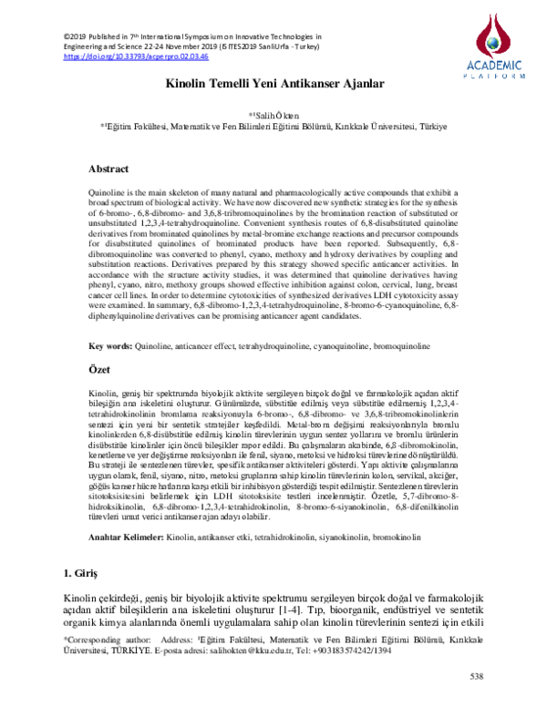(PDF) Kinolin temelli yeni antikanser ajanlar
