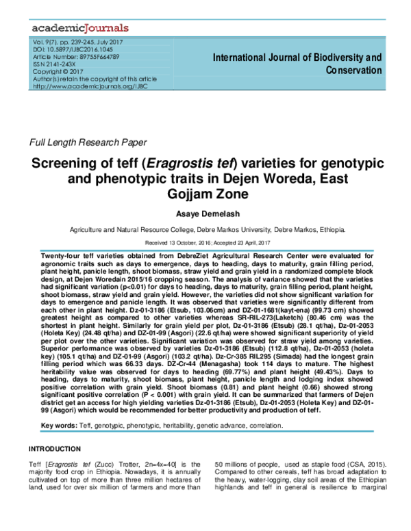 (PDF) Screening of teff (Eragrostis tef) varieties for genotypic and ...