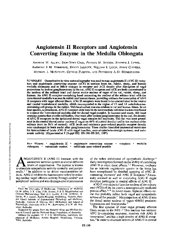 (PDF) Angiotensin II receptors and angiotensin converting enzyme in the ...