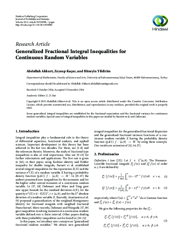 (PDF) Generalized Fractional Integral Inequalities for Continuous Random Variables