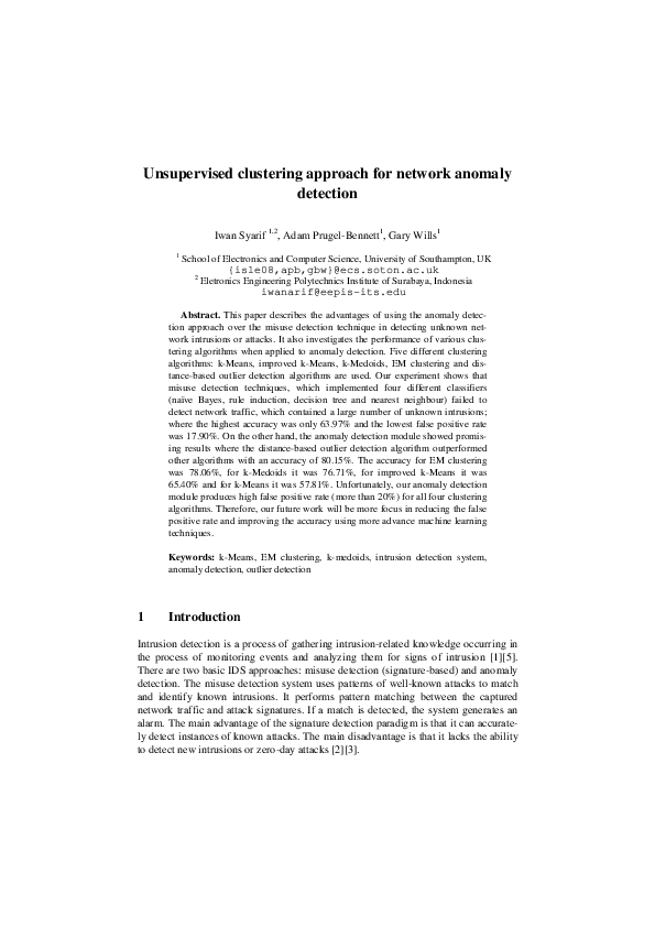 Pdf Unsupervised Clustering Approach For Network Anomaly Detection