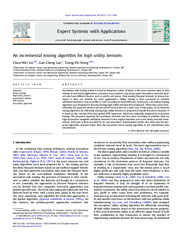Pdf An Incremental Mining Algorithm For High Utility Itemsets Tzung Pei Hong